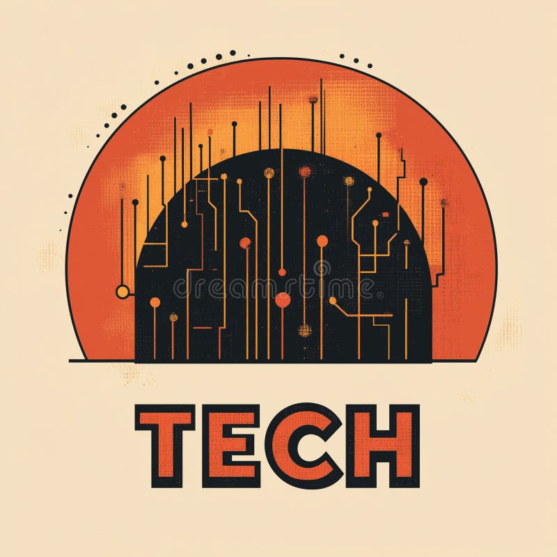 Tech Graphic with Circuit Board Design and Orange Sun Background Art ...