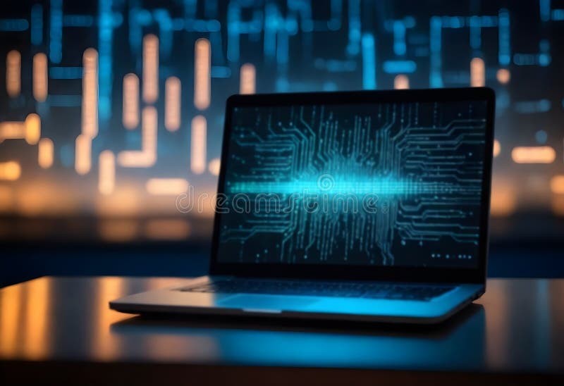 Tech Haven: Laptop Illuminated with Blue Circuit Aesthetics Stock ...