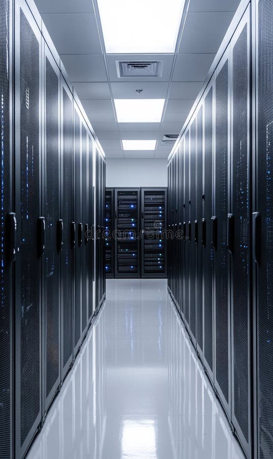 Tech Haven: Server Room Filled with Rows of Sleek Servers, Illuminated Blinking Lights, Cooled ...