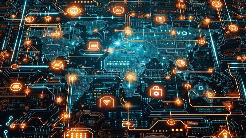 Tech Hub Network: Cybernetic World Map Concept. Stock Illustration ...