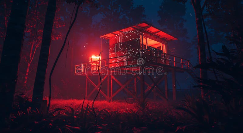 Tech Infused Forest Outpost Glows Red Amidst Dense Trees - Generated ...