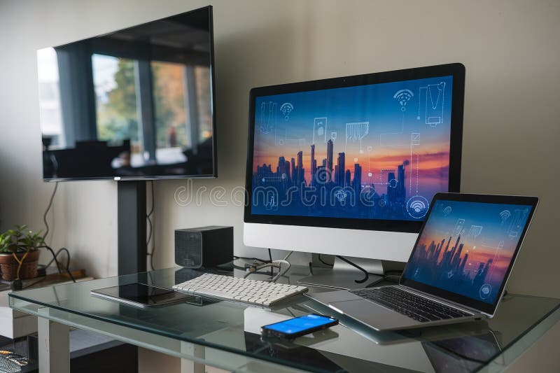 Tech-infused Home Workspace at Sunset Stock Image - Image of modern ...