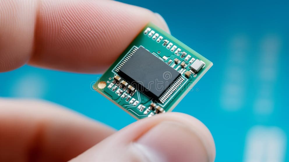 Tech Innovation: Hand with Microchip on Blue Stock Image - Image of ...