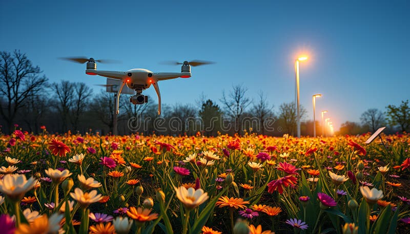 Tech-inspired Spring Landscape with Drones Pollinating Flowers and ...
