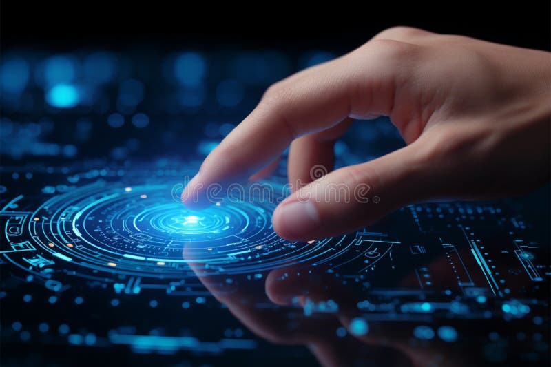 Tech Interaction Finger Touches Virtual Screen Button, Symbolizing ...