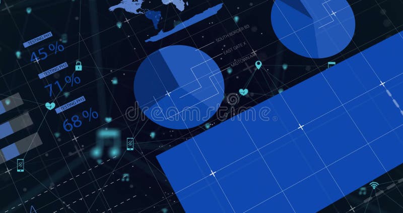 Tech Interface Loading Table Gauge Sliding Bar Chart Floating Icons Pulsing Labels for Data ...