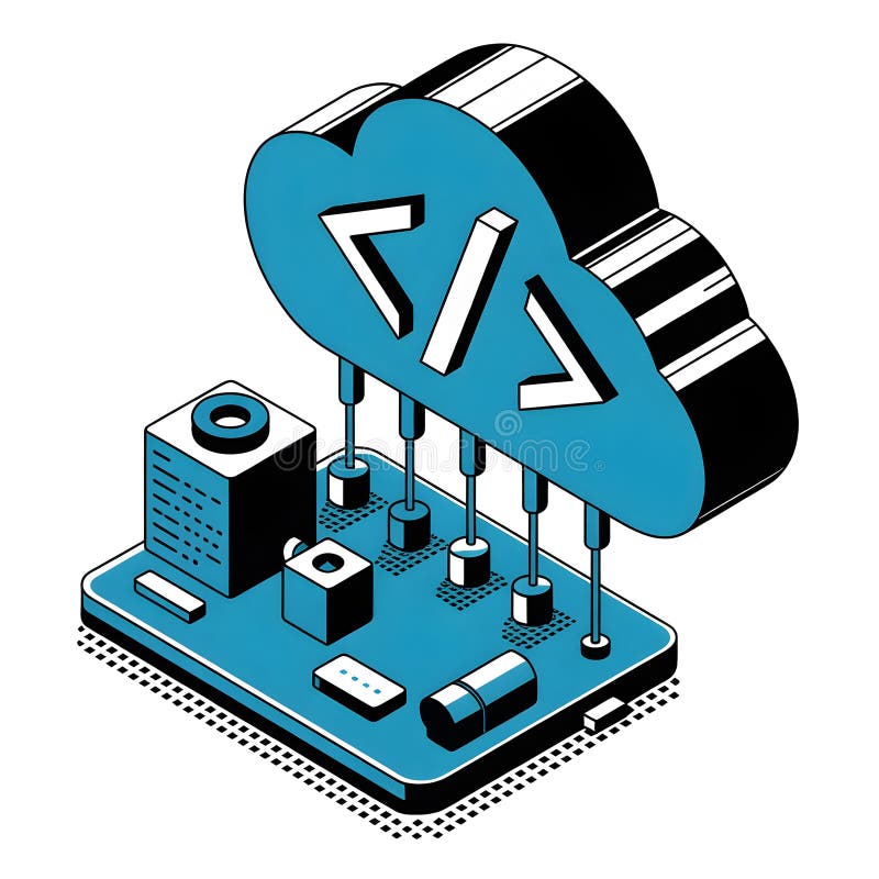 Tech Isometric Illustration, Cloud Coding, Adorable, Dark, Disney Pixar, Contour, Vector, White ...