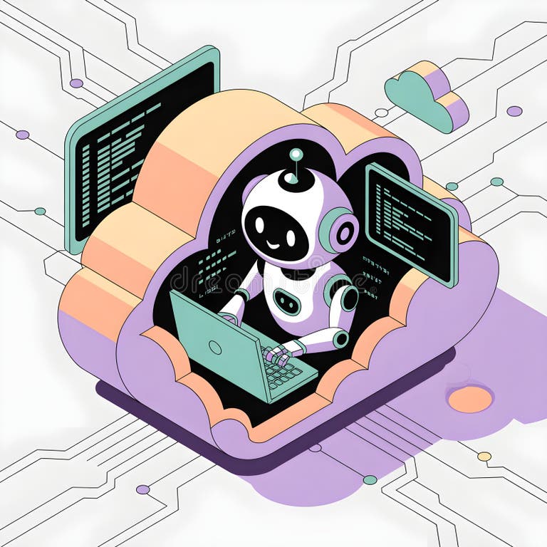 Tech Isometric Illustration, Cloud Coding, Adorable, Dark, Disney Pixar, Contour, Vector, White ...