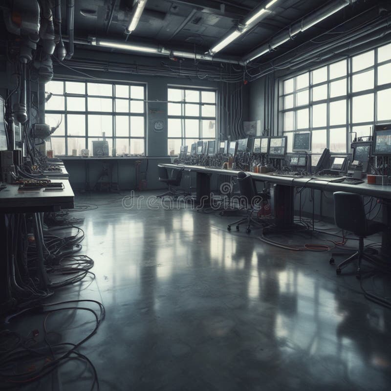 Tech Lab with Computers and Wires Stock Illustration - Illustration of ...