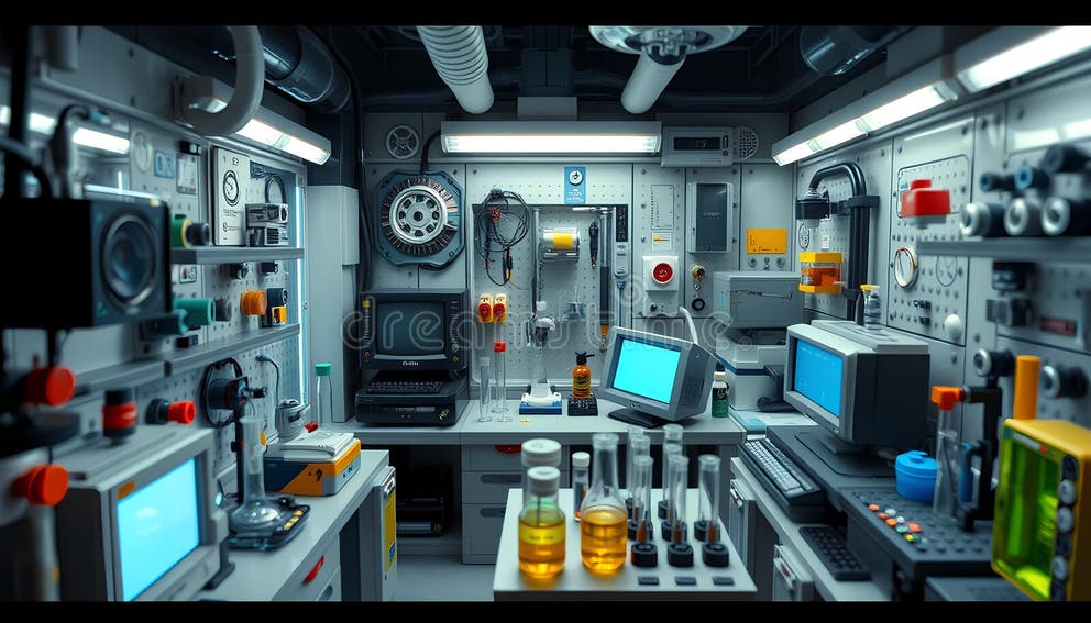 Tech Laboratory in Bricks Style, Filled with Gadgets, Test Tubes ...