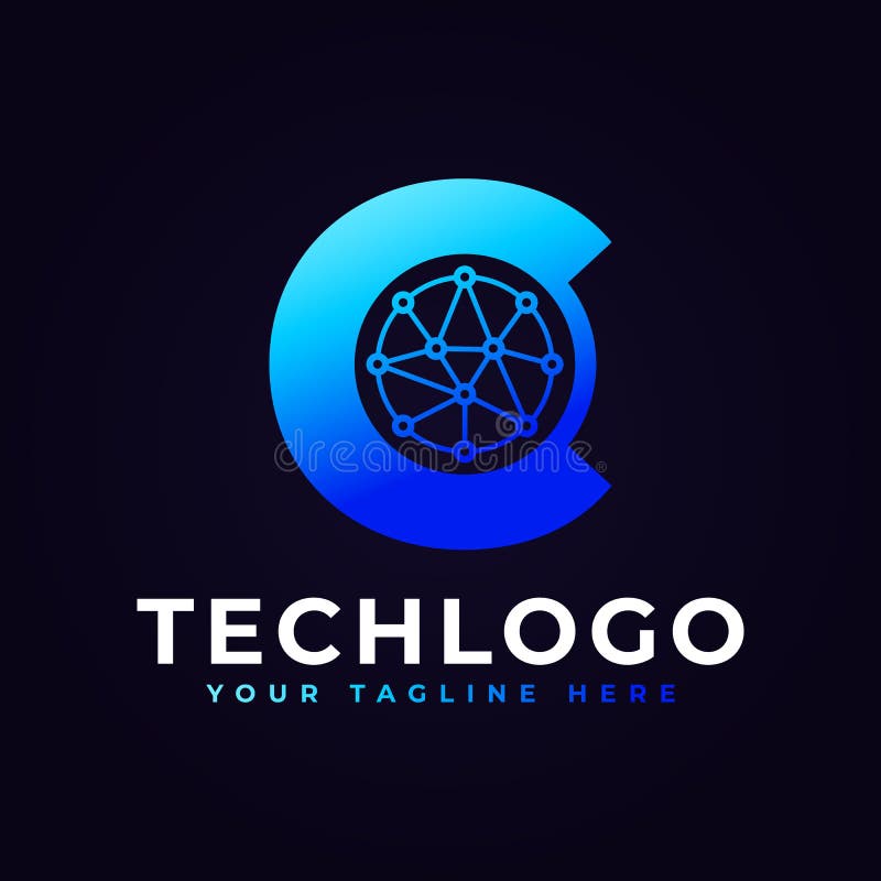 Tech Letter C Logo. Blue Geometric Shape with Dot Circle Connected As ...