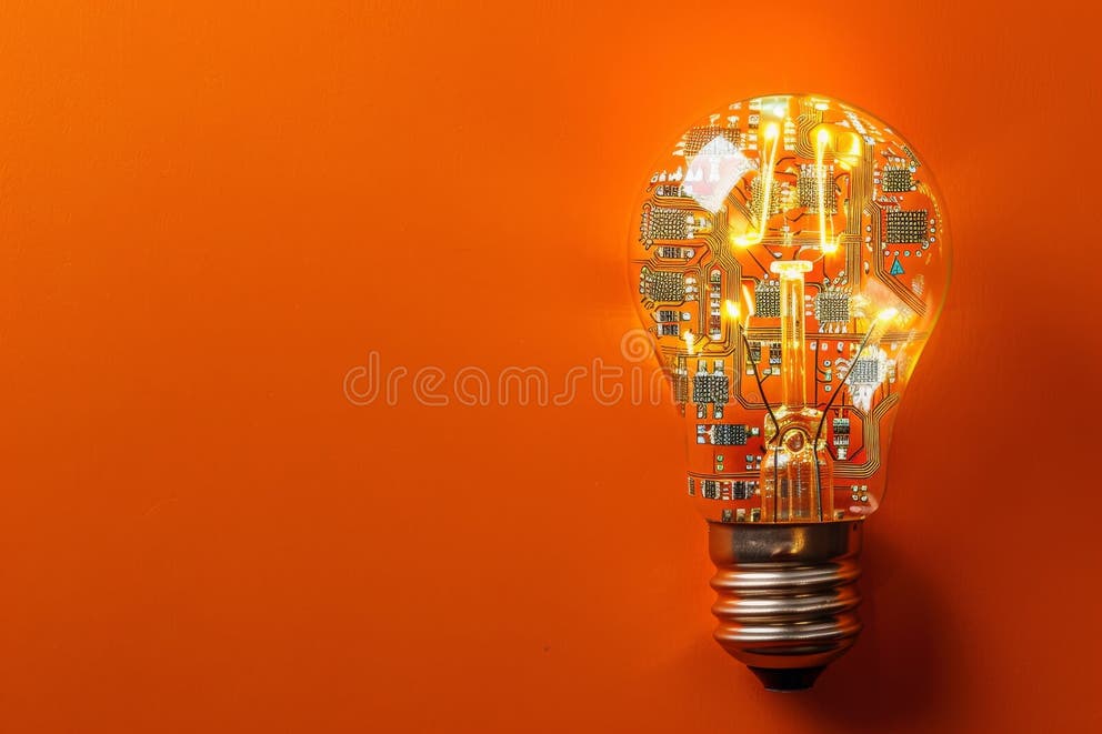 Tech Light Bulb on an Orange Background Idea Concept Stock Illustration ...