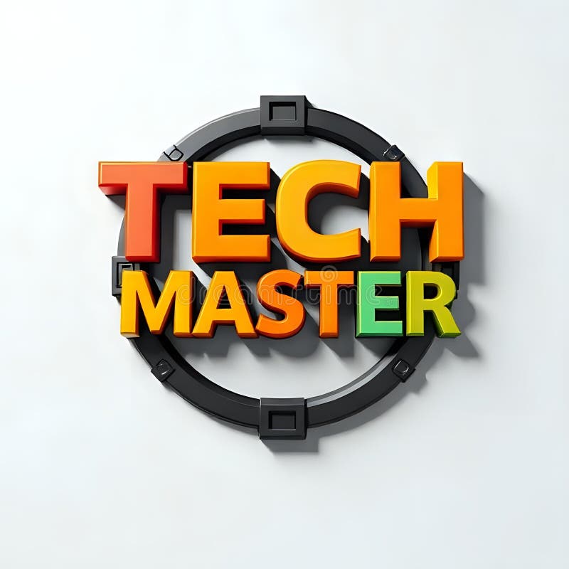 A Tech Master Logo with Orange and Green Letters on a Black Circle ...