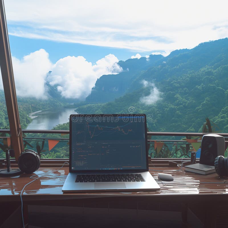Tech Meets Nature Computer Setup Against Serene Mountain and River ...
