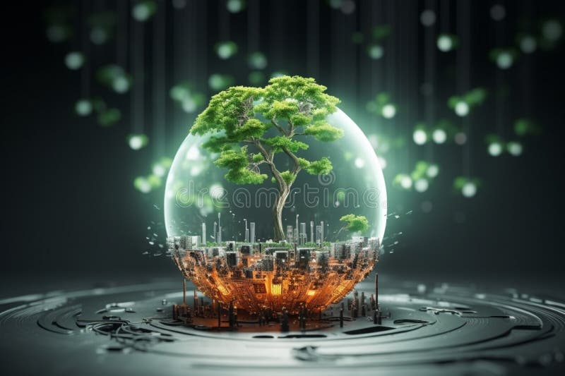 Tech Meets Nature Tree on Globe, Binary Network Backdrop Essence of ...