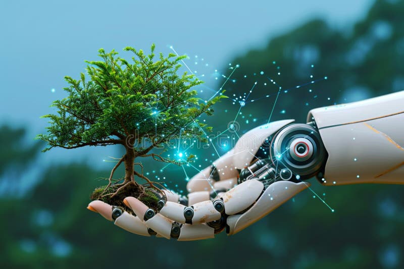 Tech Nature Bond Robotic Hands and Human Hand Cradle a Tree Stock ...
