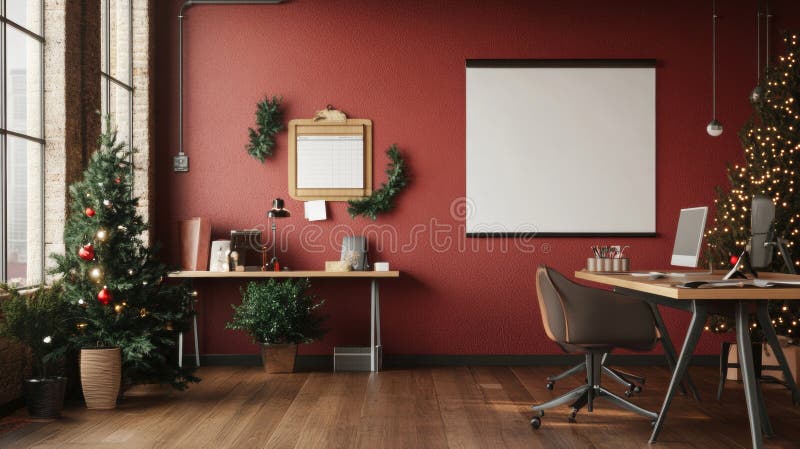 Tech Office Decorated with Festive Elements and Blank Banner Space ...