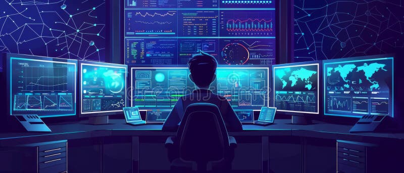 Tech Operator Works in the System Control Room, Displaying Graphics on ...