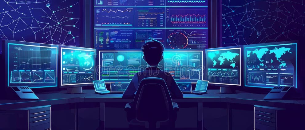 Tech Operator Works in the System Control Room, Displaying Graphics on Multiple Displays. it ...