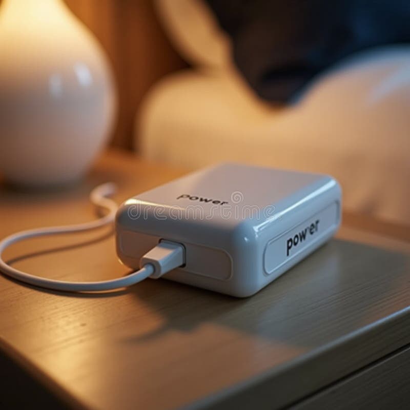 Tech Power Phone Charger with Power Text on Bedside Table Stock ...