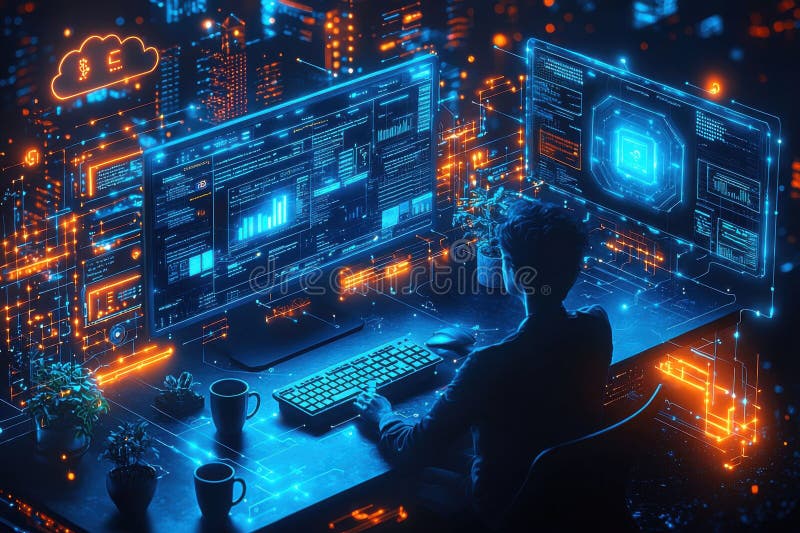 Tech Professional Analyzing Data on Futuristic Screens in Modern Office ...