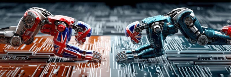 Tech Robots Engage in a Cold Digital War, Showcasing National Flags ...