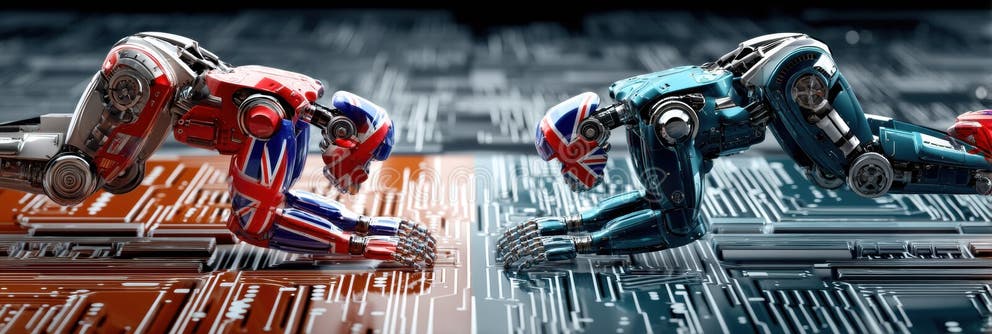 Tech Robots Engage in a Cold Digital War, Showcasing National Flags ...