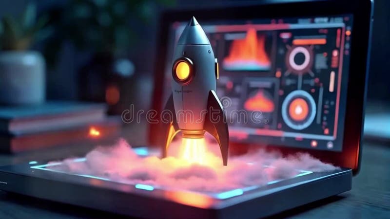 Tech Rocket Animation, Rocket Launches from Computer Screen Stock ...