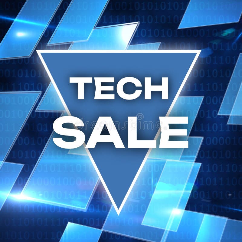 Tech Sale Text on Blue Triangle Over Reflective Blue Panels and Binary ...