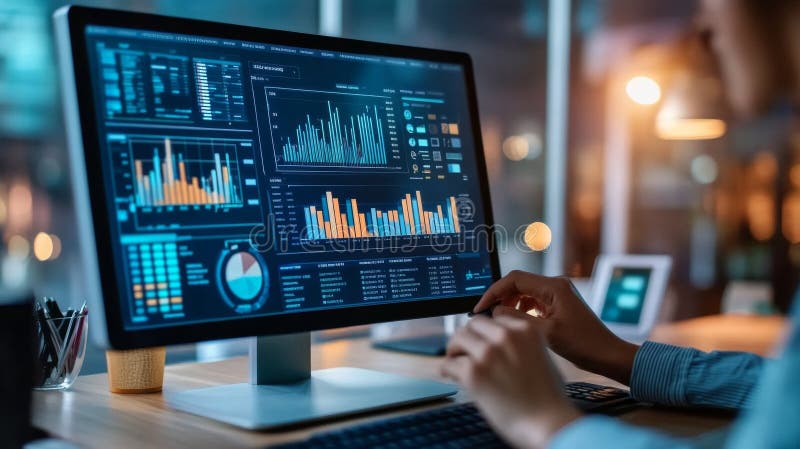 Tech Savvy Analyst Working with Sleek Computer and Data Visualizations ...