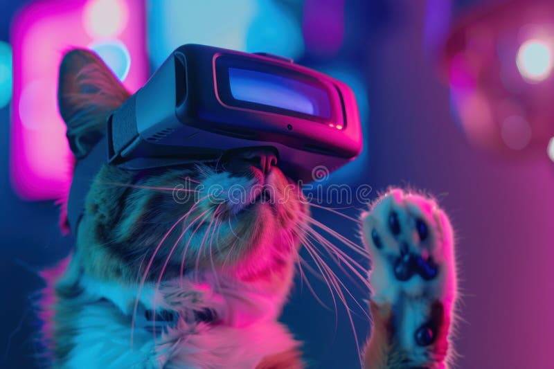 Tech-savvy Cat Enjoying Virtual Reality in Neon Lights. Stock Image ...