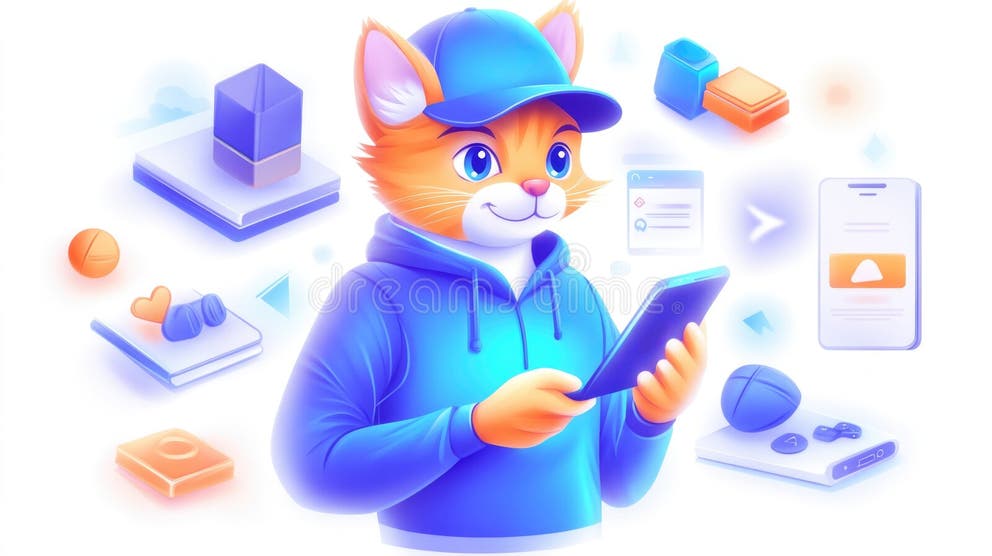 Tech-savvy Cat in Hoodie Exploring Digital World on Tablet Stock ...