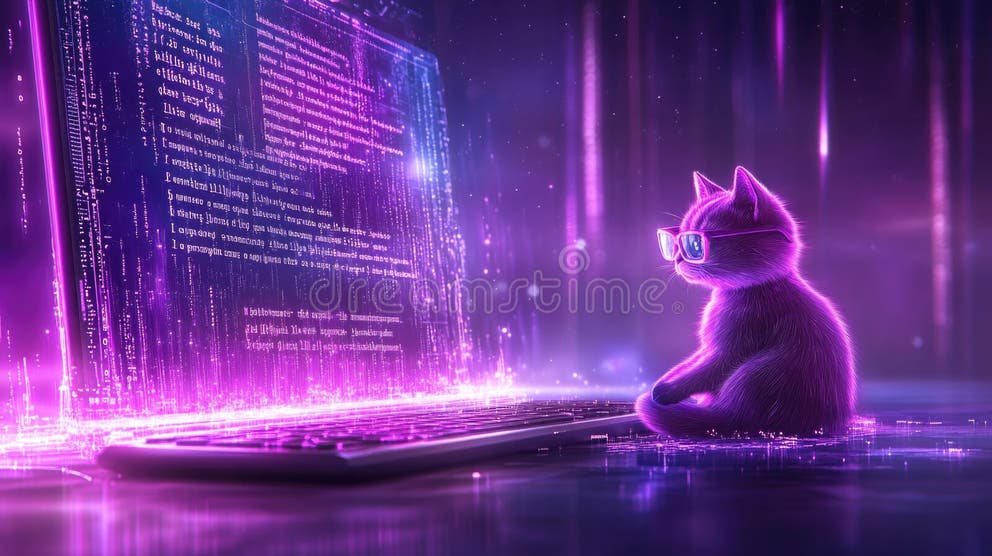 Tech-savvy Cat in Neon Glow Analyzing Code on Digital Screen Stock ...