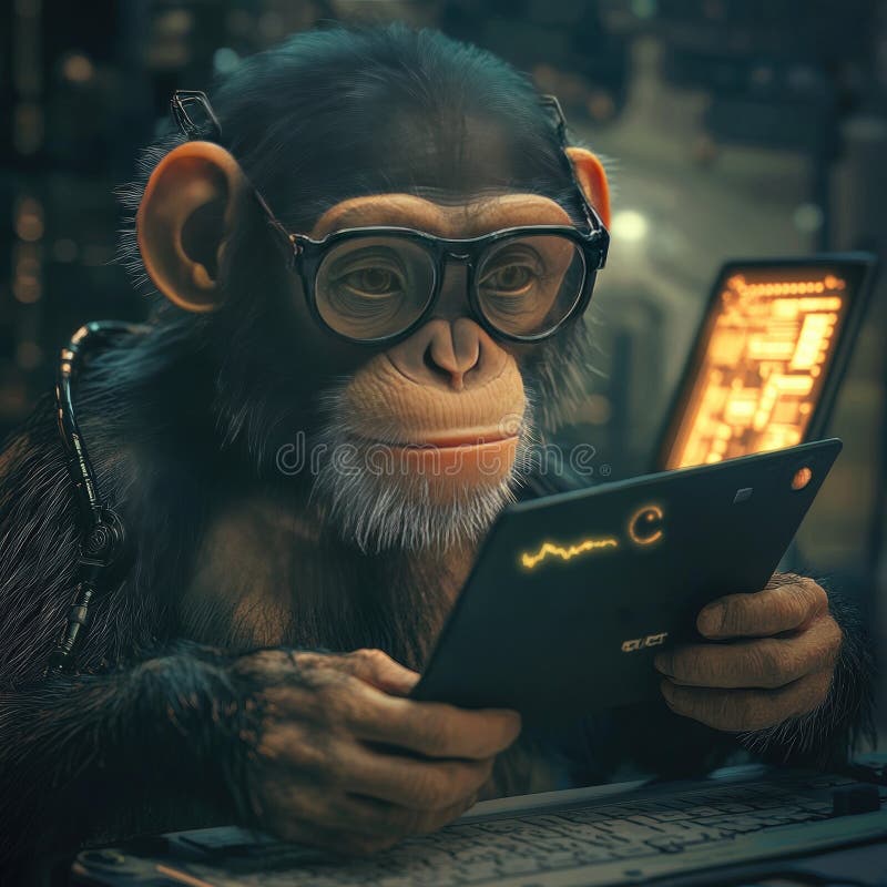 Tech-savvy Chimpanzee Using Futuristic Tablet in Cyber Setting Stock ...