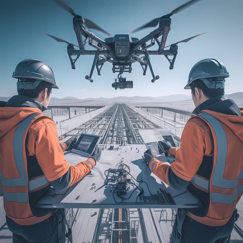 Tech-savvy Construction Crew with Drones Stock Illustration ...