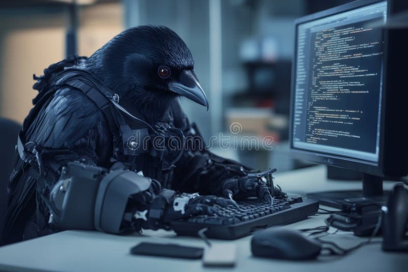Tech-Savvy Crow Coding Wizard Stock Illustration - Illustration of code ...