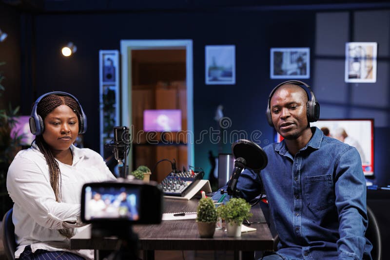 Tech Savvy Duo Hosting Talk Show at Home Stock Image - Image of create ...
