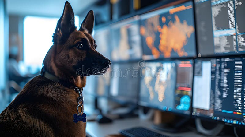 A German Shepherd Attentively Looks at Multiple Computer Screens ...