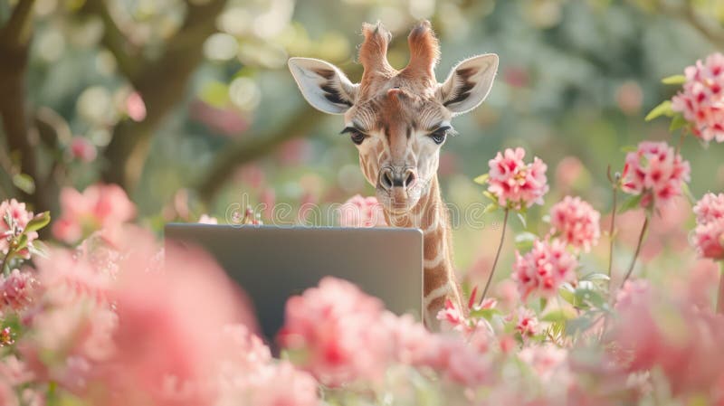 Tech-Savvy Giraffe Enjoying Springtime with Laptop Outdoors Stock ...
