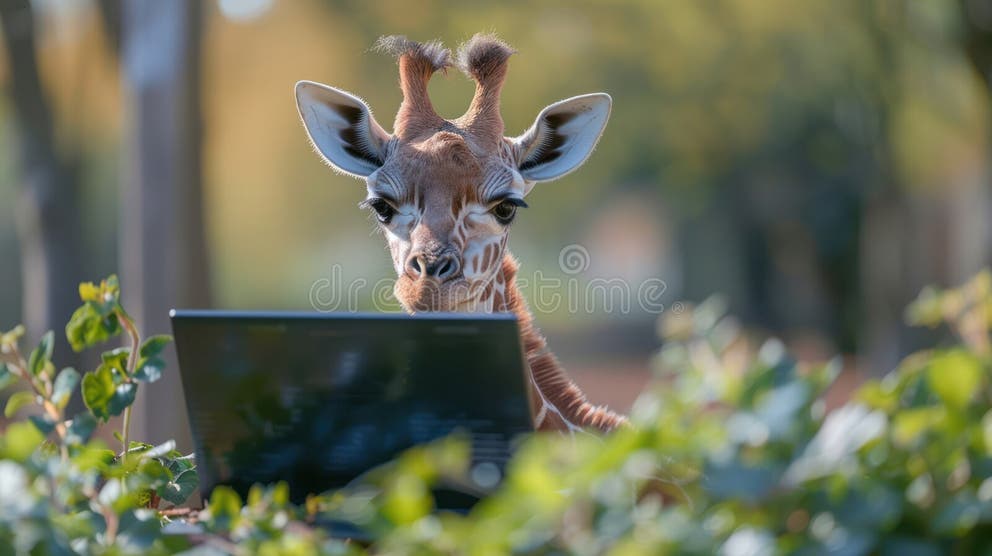 Tech-Savvy Giraffe in Springtime: Working on Laptop with AI Assistance ...