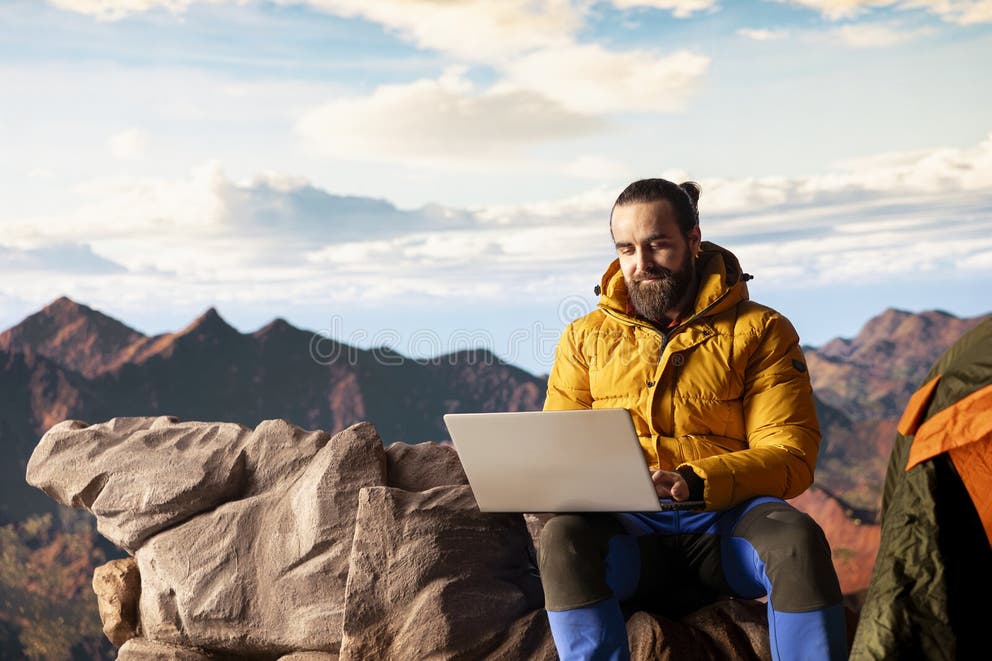 Tech Savvy Hiker Having a Technology Obsession and Working on a ...