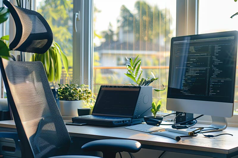 Tech-savvy Home Office with a Programming Interface on Monitors, Green ...