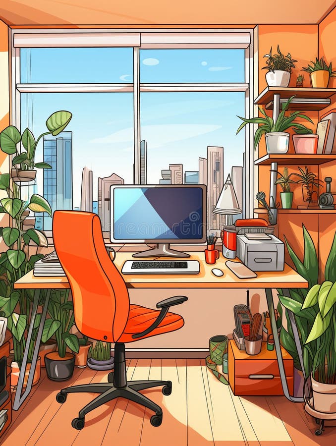 Tech-savvy Home Office for Virtual Work, Flat Design, Front View ...