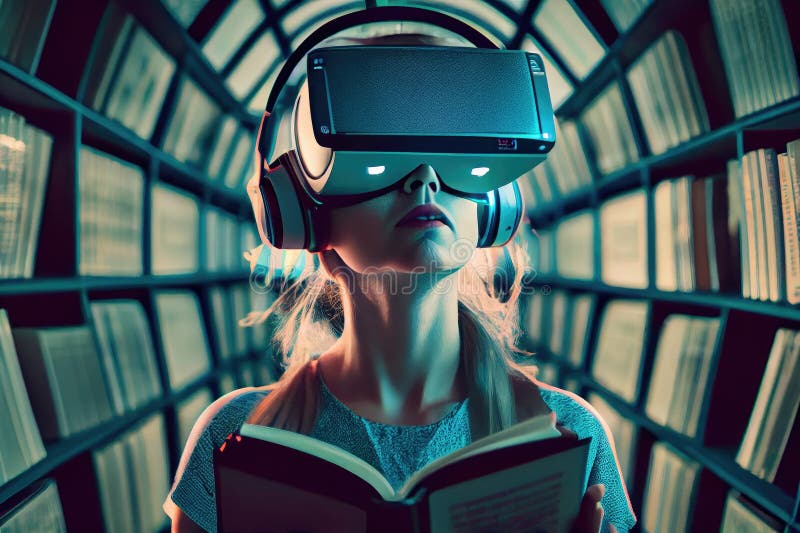 Tech-savvy Librarian Working with Virtual Reality Headset in Futuristic ...