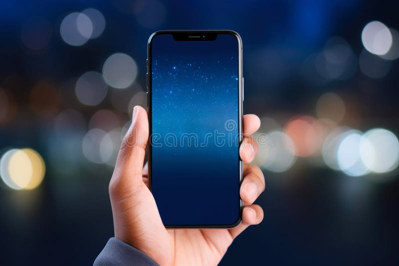 Tech-Savvy Man Displaying Smartphone Screen, Dark Blue Backdrop. Stock ...