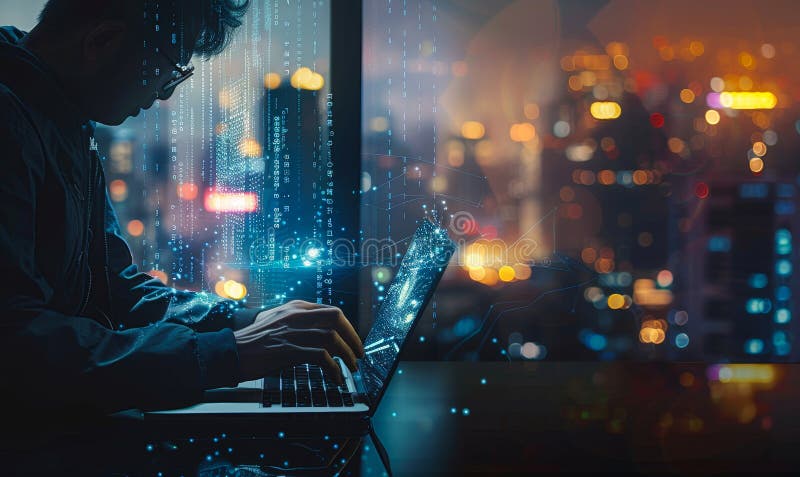 Tech-Savvy Man Using Mobile Phone Laptop in Futuristic Smart City - Big ...