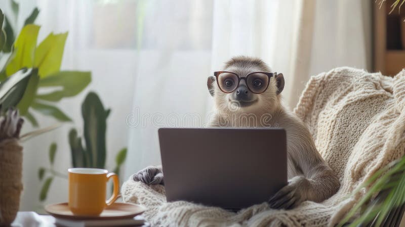 Tech-savvy Monkey Wearing Glasses Using Laptop Stock Image - Image of ...