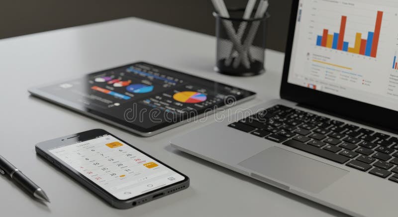 Tech-savvy Multitasking on Desk Stock Illustration - Illustration of ...