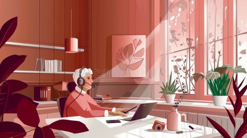 Tech Savvy Office Scene Character with Computer, Tablet, Headphones in ...