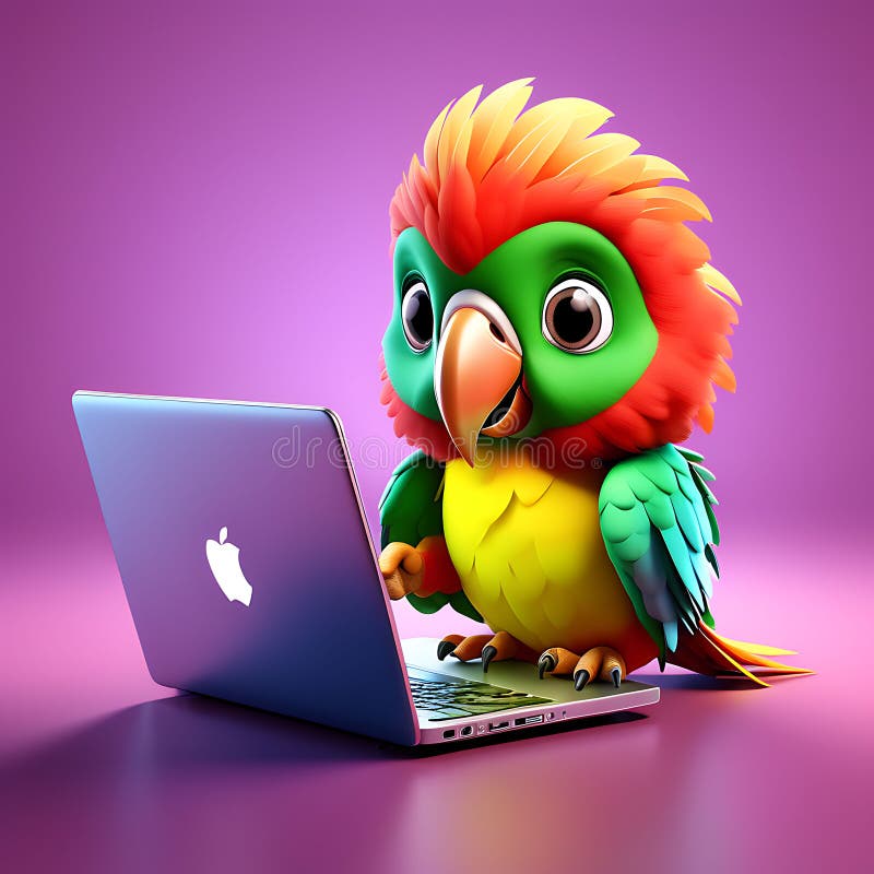 Tech-Savvy Parrot: a Cute 3D Render of a Parrot Using a Laptop on a ...
